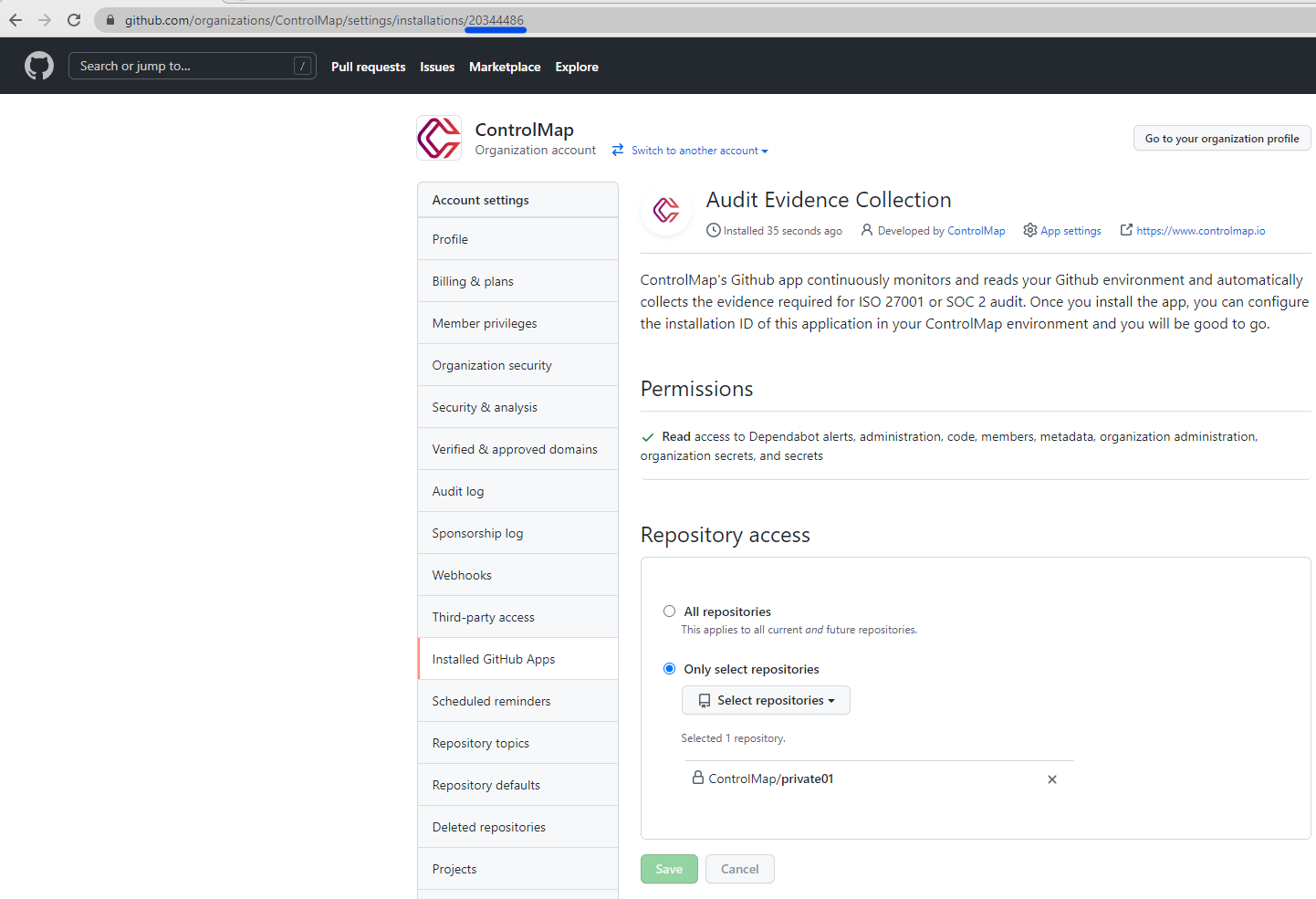 Creating a GitHub integration – ControlMap